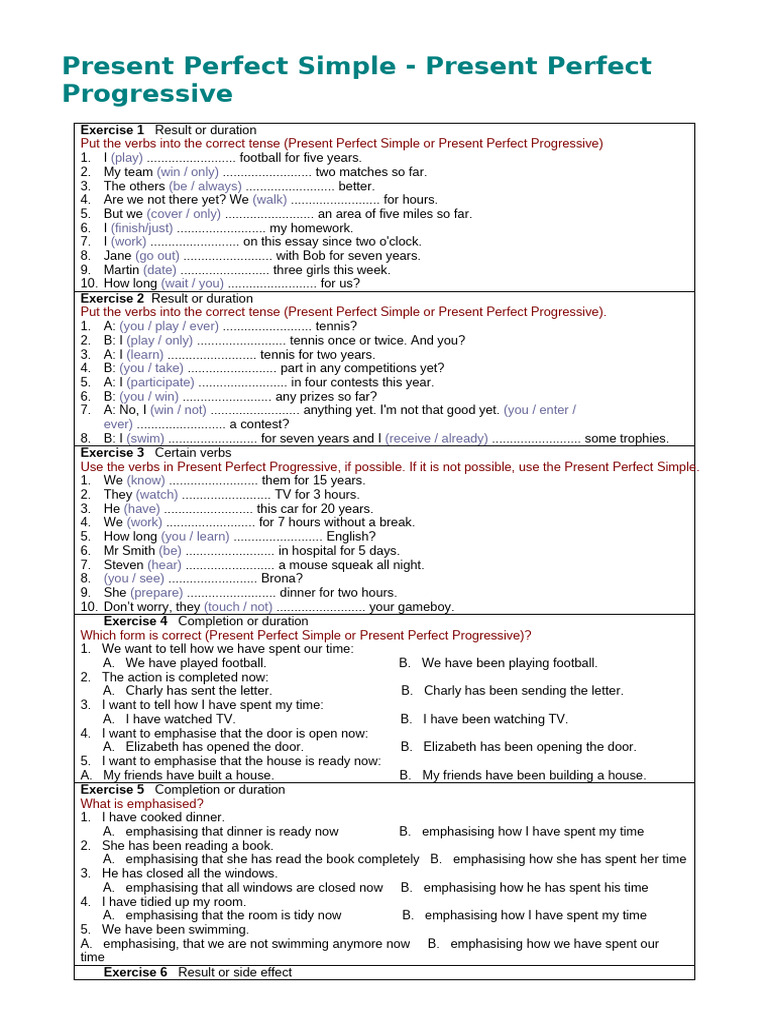 3XS Present Perfect Simple and Continuous Exercises Condensato | PDF | Foreign Language Studies