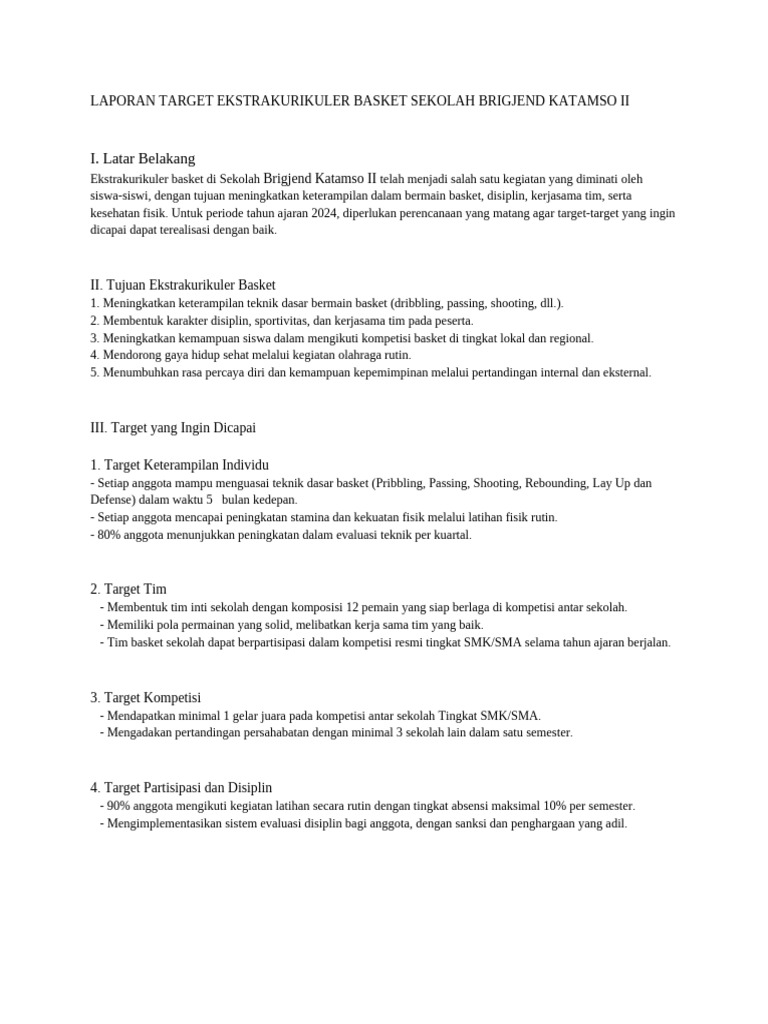Laporan Target Ekstrakurikuler Basket Sekolah Brigjend Katamso Ii | PDF