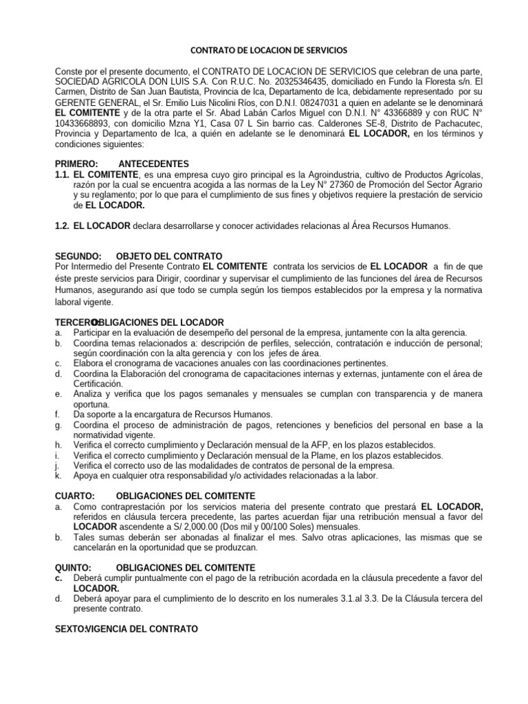Contrato de Locaciones de Servicios Carlos Abad | PDF
