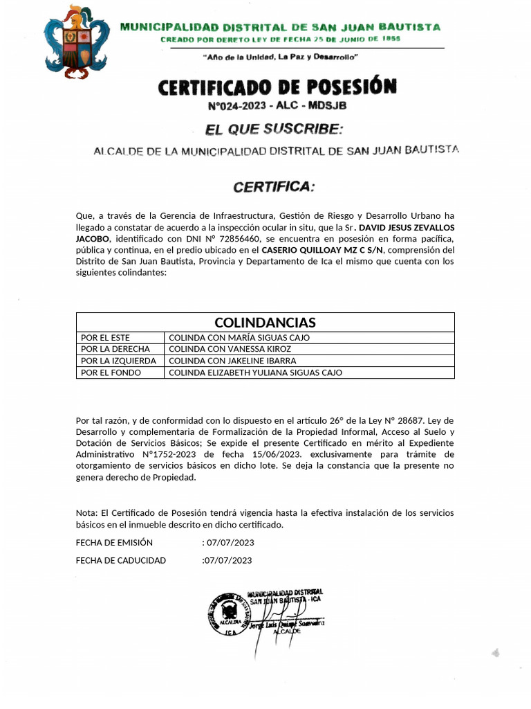 Colindancias: - David Jesus Zevallos Jacobo Caserio Quilloay MZ C S/N | PDF