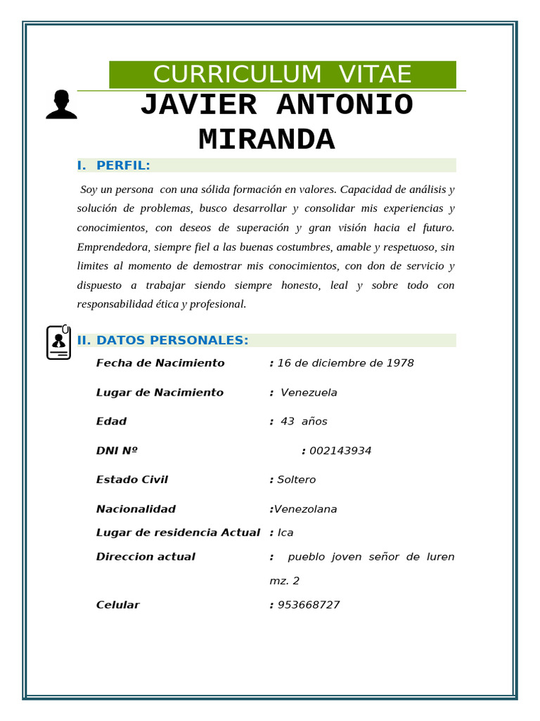 Javier Antonio Miranda: Curriculum Vitae | PDF