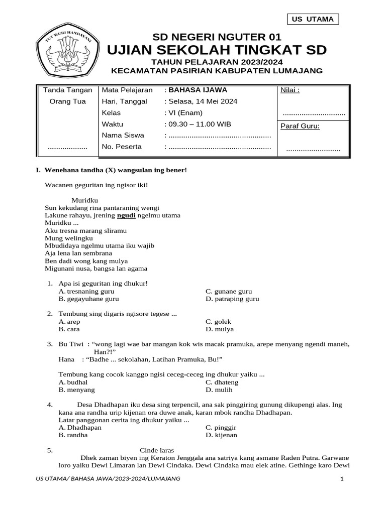 Soal Us Bahasa Jawa Kelas 6 | PDF