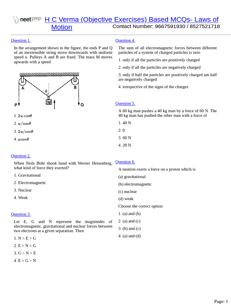 Laws of Motion H C Verma Sir Objective Exercises Based MCQs | PDF