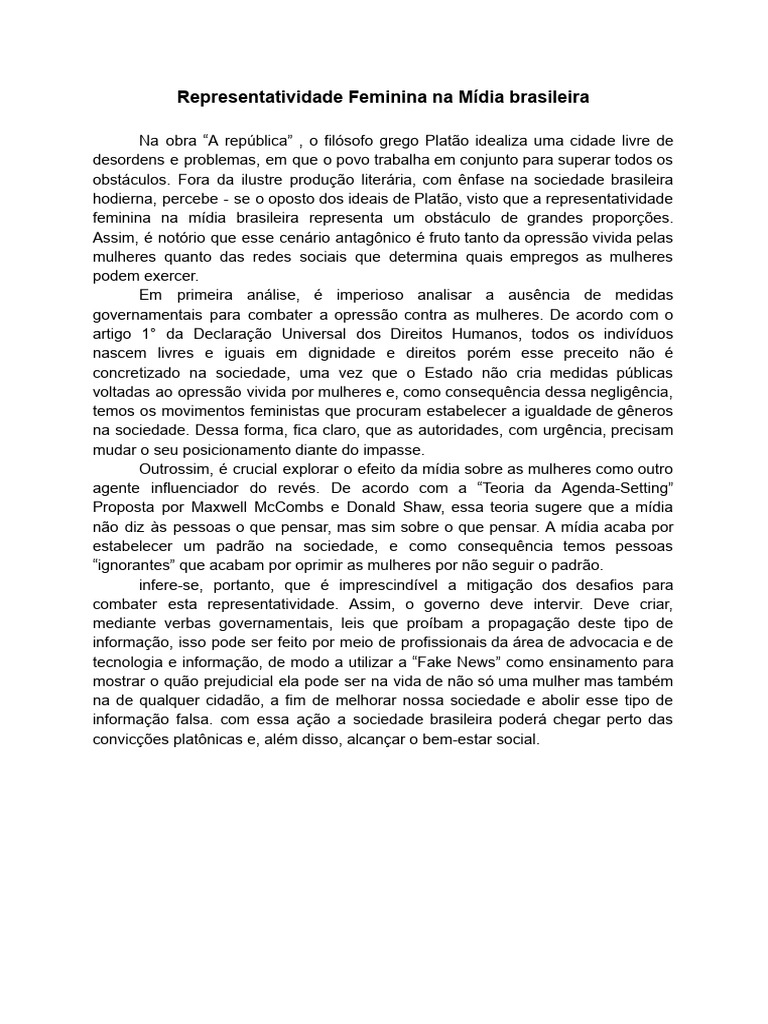 Representatividade Feminina Na Mídia Brasileira | PDF