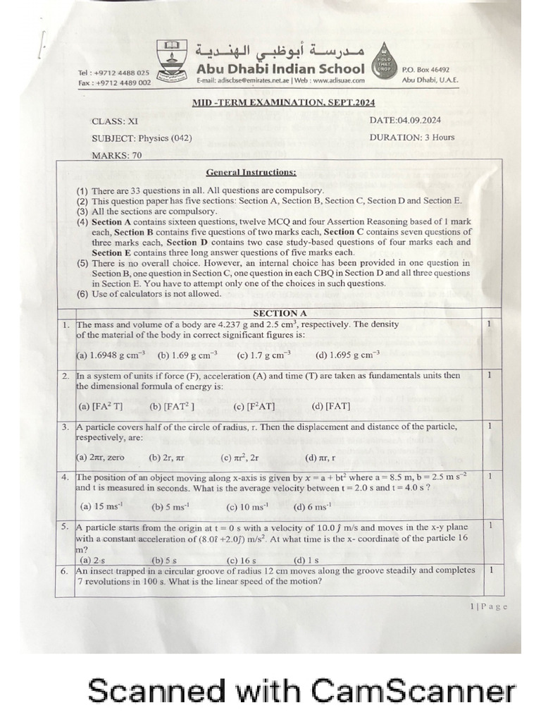 ADIS - Physics Mid-Term (2024-2025) | PDF