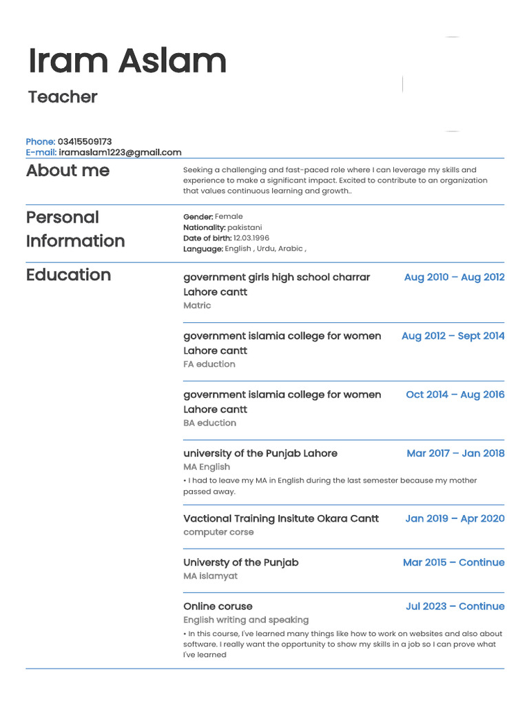 Iram Aslam: Educator & Skills Profile | PDF | Educational Technology ...