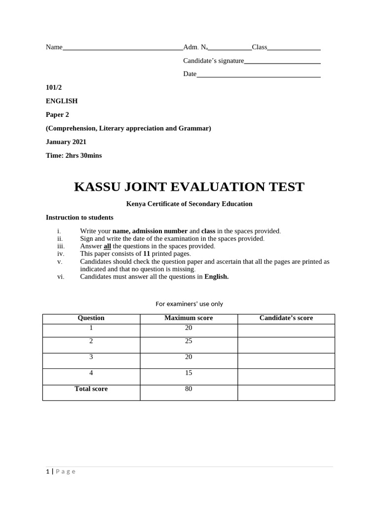 2021 Kassu English Paper 2 Teacher - Co .Ke | PDF