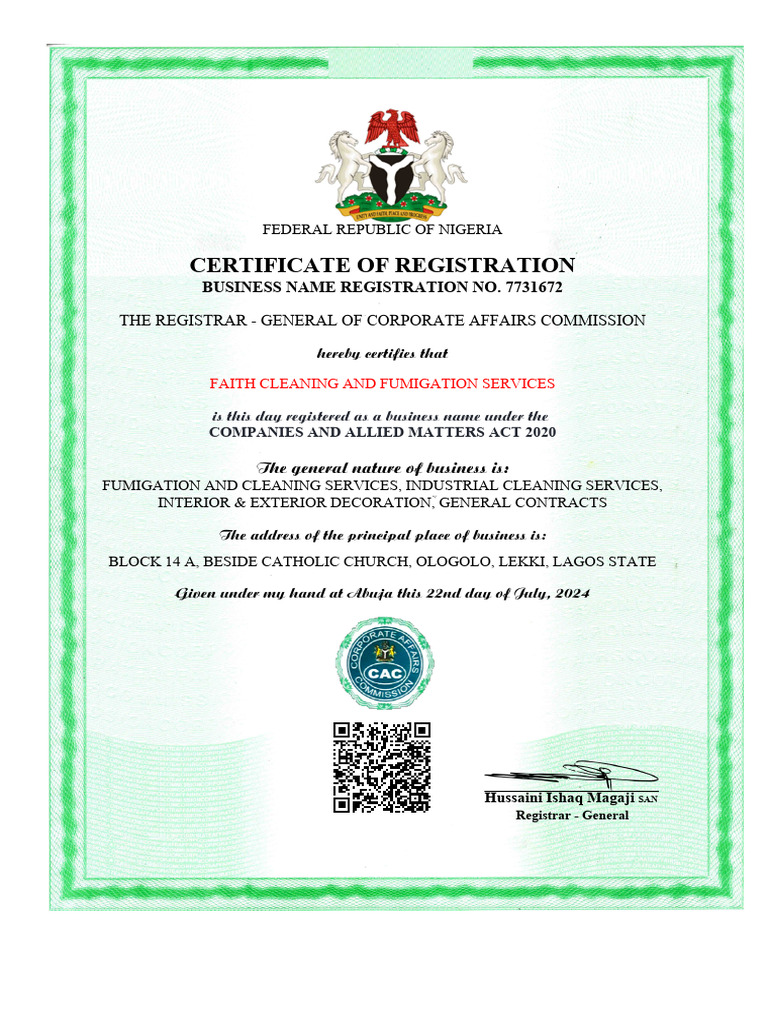 Faith Cleaning and Fumigation Services Certificate | PDF
