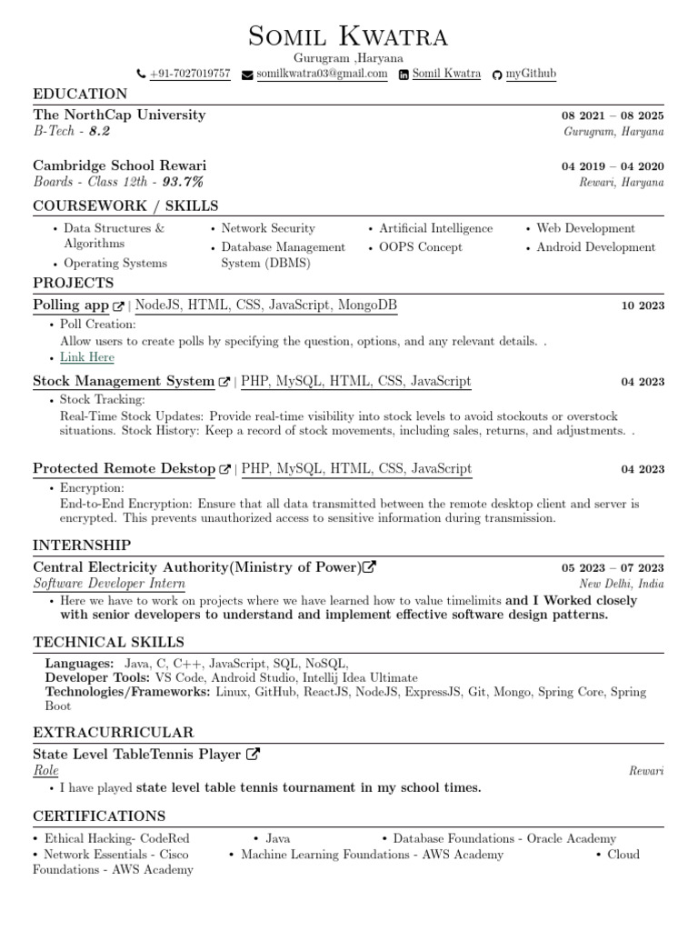 Somil Kwatra 21csu100 (Resume) | PDF