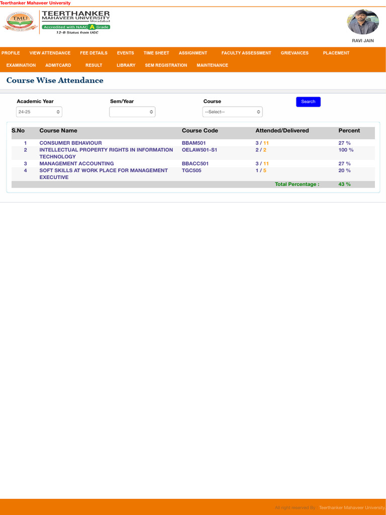 Course Wise Attendance: S.No Course Name Course Code Attended/Delivered ...