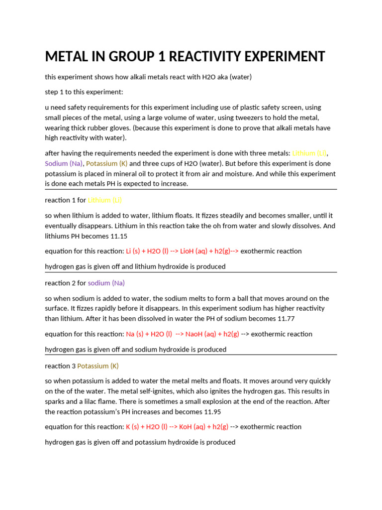 Metal in Group 1 Reactivity Experiment | PDF