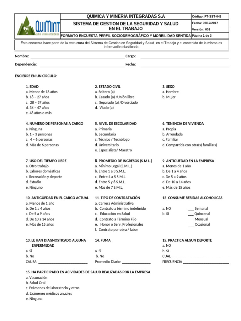 FT-SST-043 Formato Encuesta Perfil Sociodemografico Y Morbilidad ...