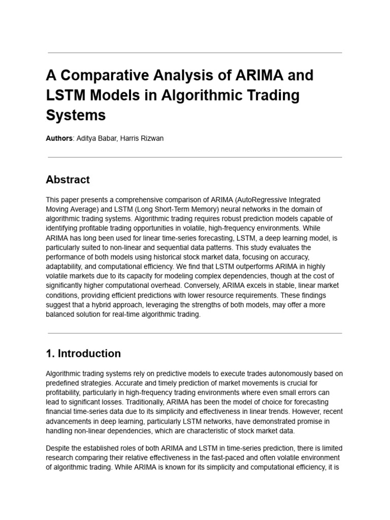 A Comparative Analysis Of Arima And Lstm Models In Algorithmic Trading