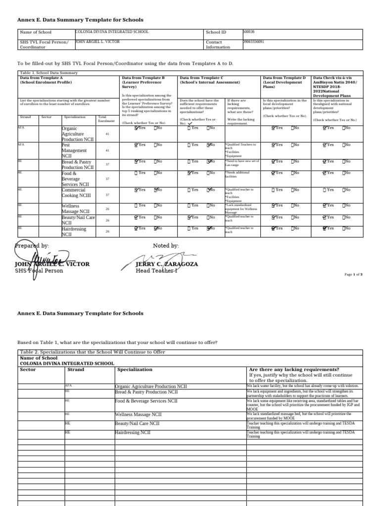 Annex E. Schools Data Summary Template - CDIS SHS | PDF