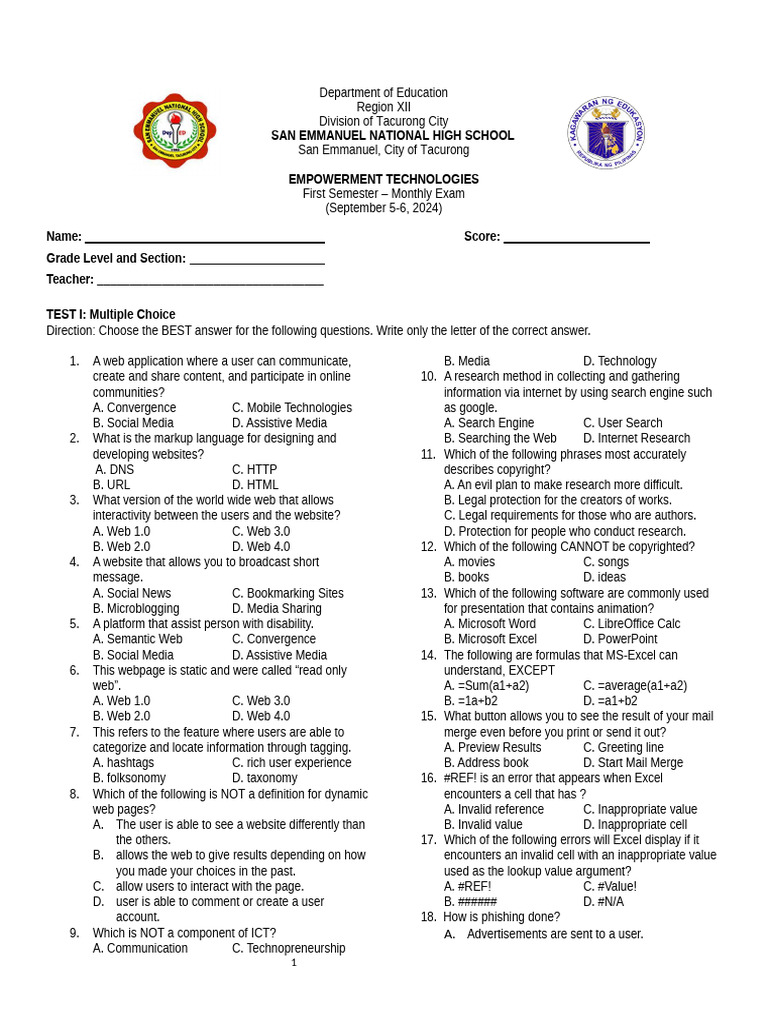 ETech 1st Sem Monthly Exam 1 | PDF