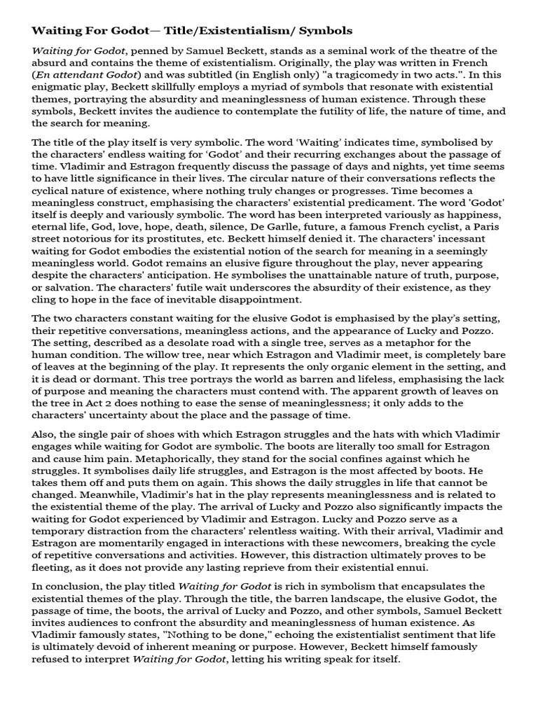 Waiting For Godot— Title-Existentialism-Symbols | PDF