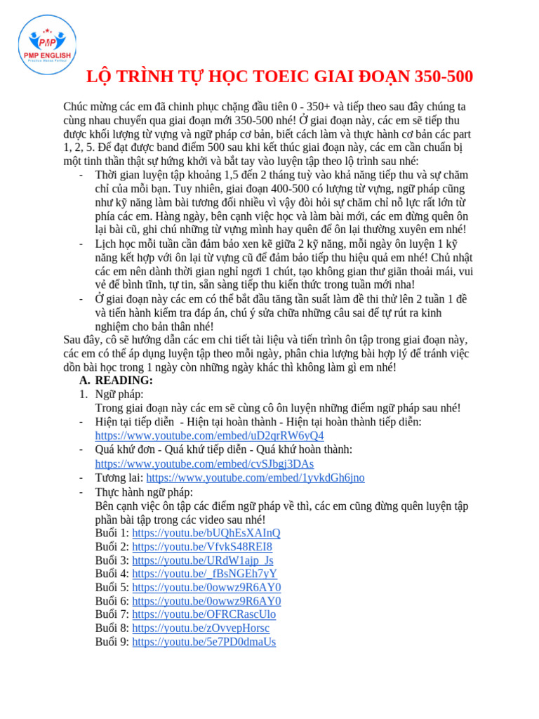 PMP ENGLISH - LỘ TRÌNH TỰ HỌC TOEIC 350-500 | PDF