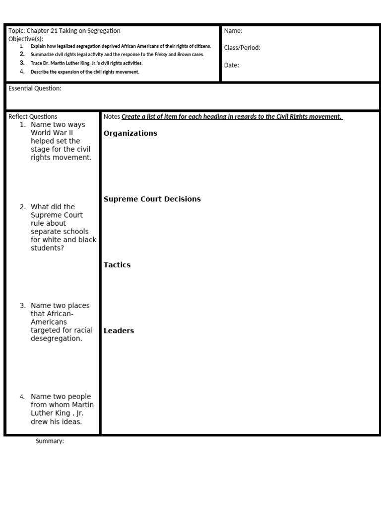 Chapter 21 Taking On Segregation Cornell Notes and Graphic Guide | PDF ...
