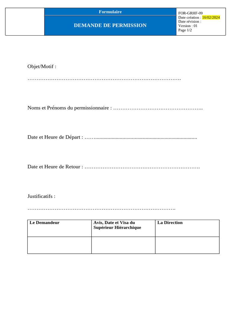 FOR-GRHF-09 Formulaire Fiche Demande de Permission | PDF