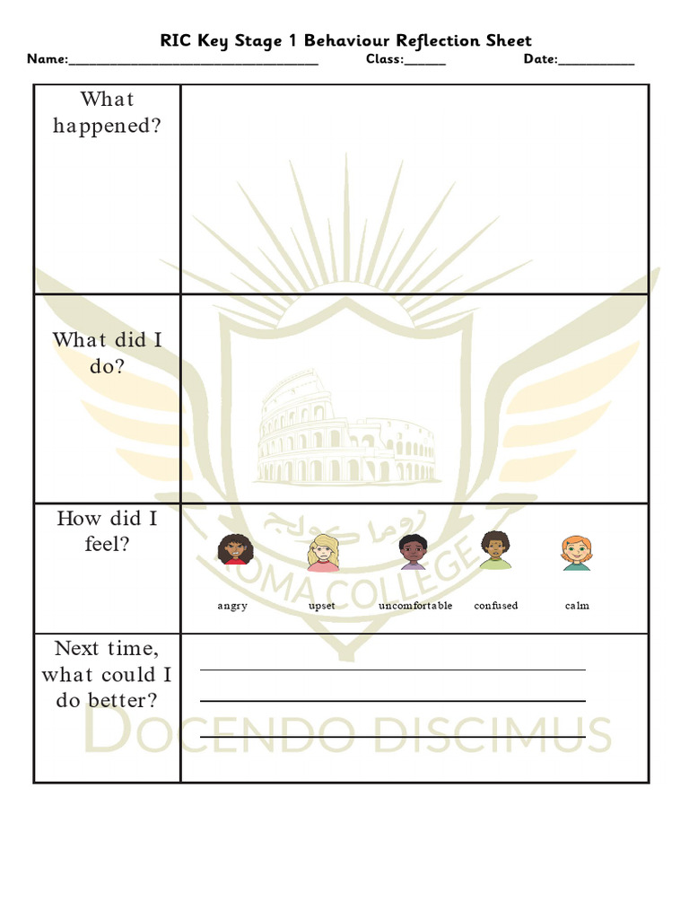 KS1 Behaviour Reflection Activity Sheet Editable Version - Ver - 1 | PDF
