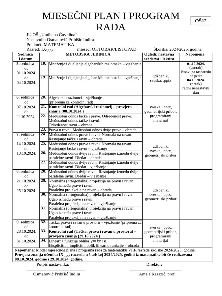 Mjesečni Za DEVETI RAZRED Oktobar Matematika | PDF