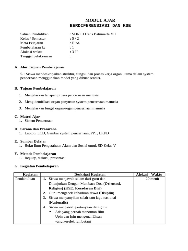 Modul Ajar Kelas 5 Diferensiasi Dan Kse | PDF