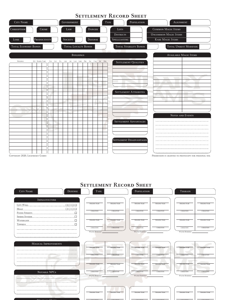 Ultimate Kingdoms - Settlement Record Sheet | PDF