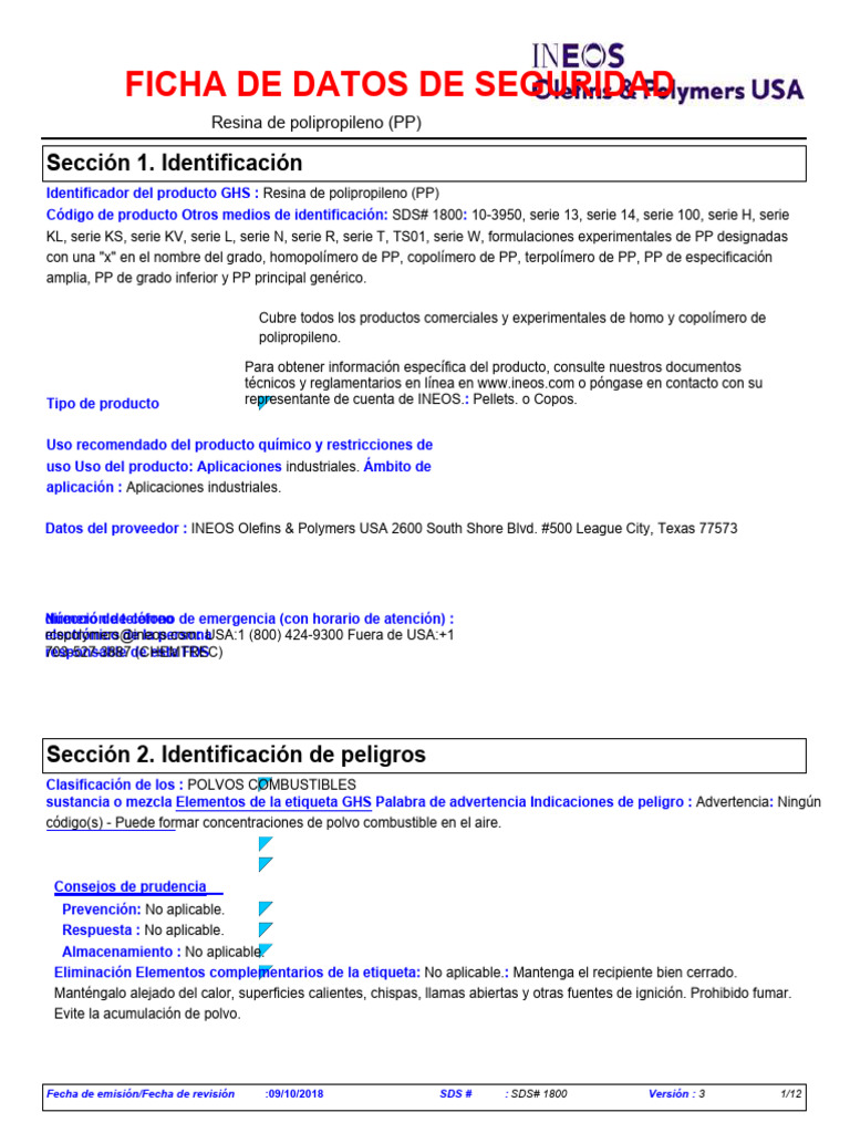 Ficha de Seguridad: Resina de Polipropileno | PDF | Labor Relations ...
