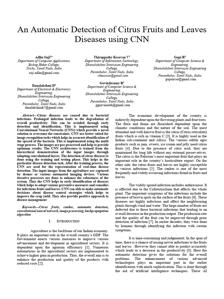 An Automatic Detection Of Citrus Fruits And Leaves Diseases Using Cnn Pdf
