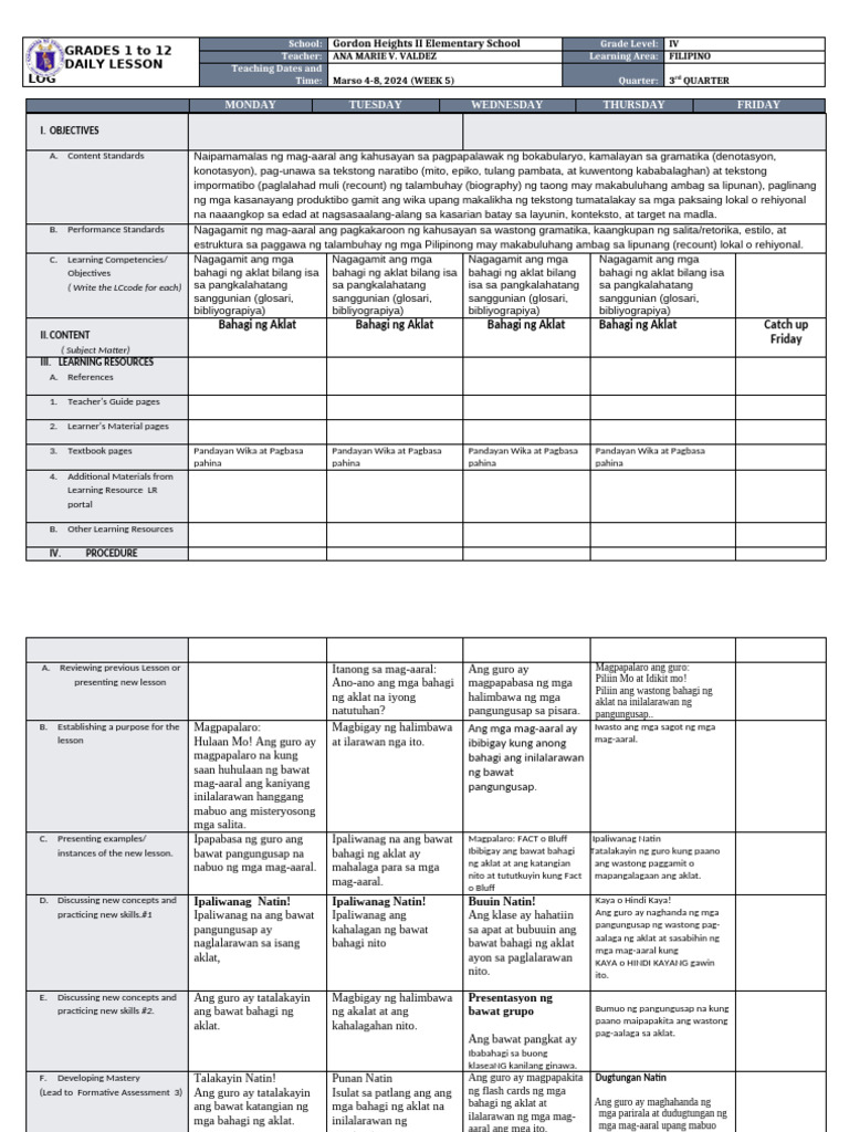 DLL Filipino-4 Q3 W6-MATATAG | PDF