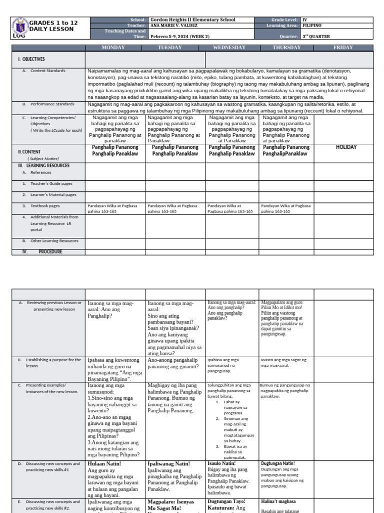 DLL Filipino-4 Q3 W2-MATATAG | PDF