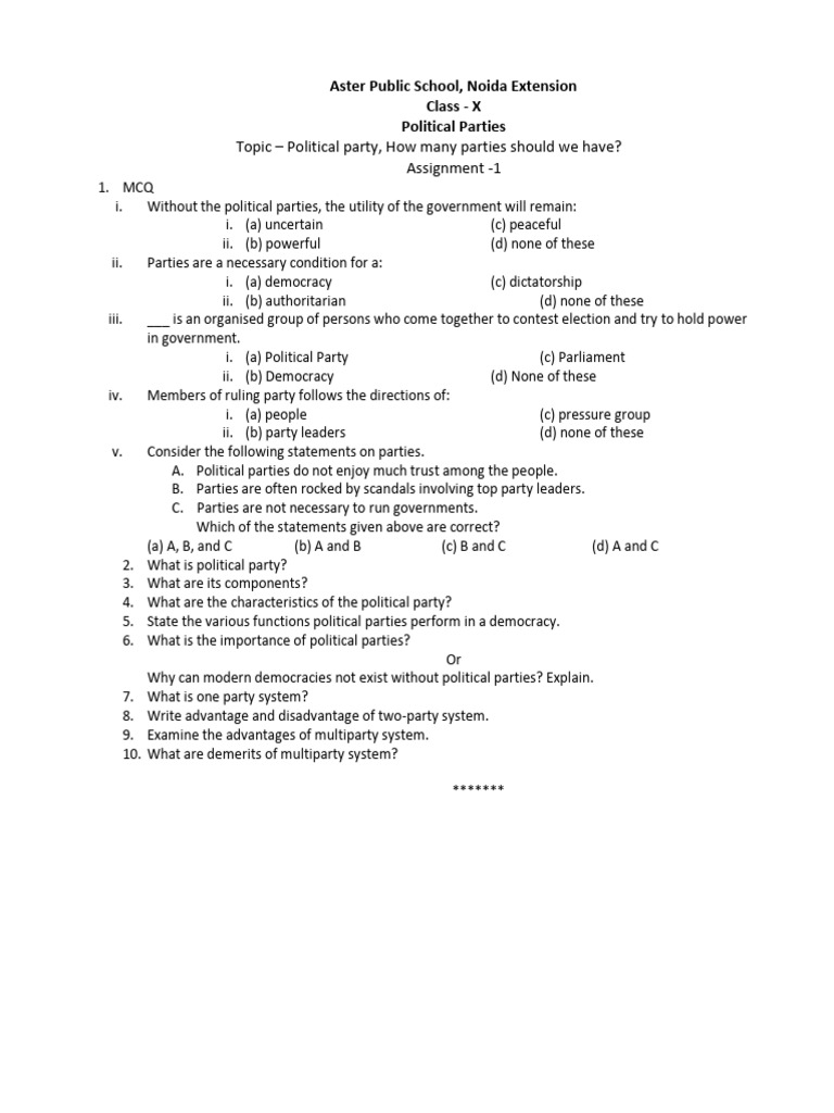 Assignment 1 10th Civics Ch-6 Political Parties | PDF