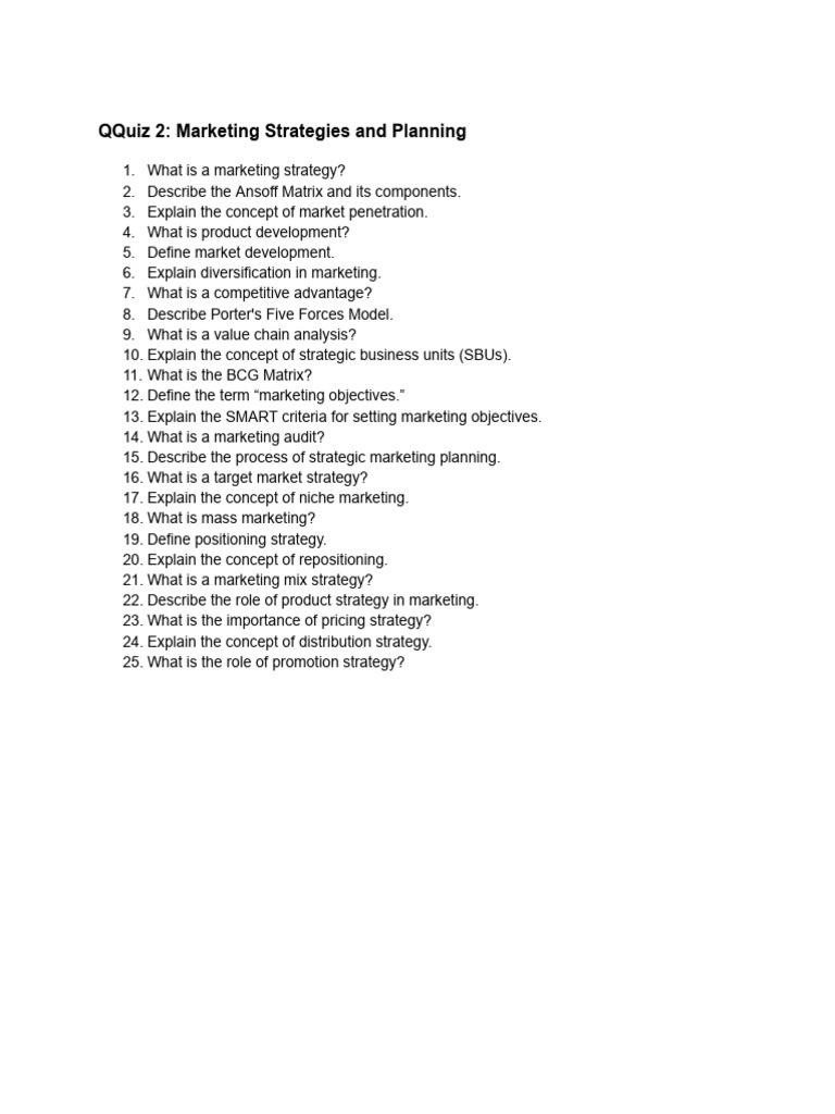 Qquiz 2: Marketing Strategies and Planning | PDF