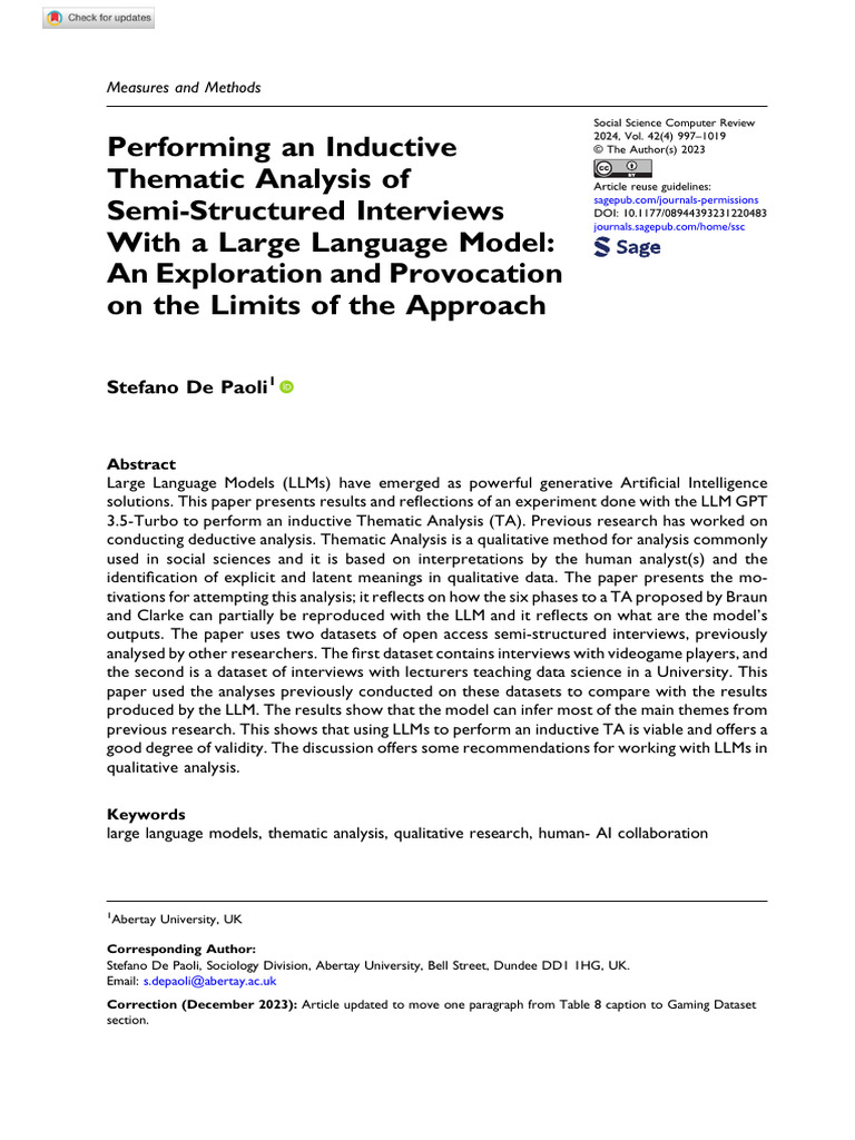 De Paoli 2023 Performing An Inductive Thematic Analysis of Semi Structured Interviews With A ...