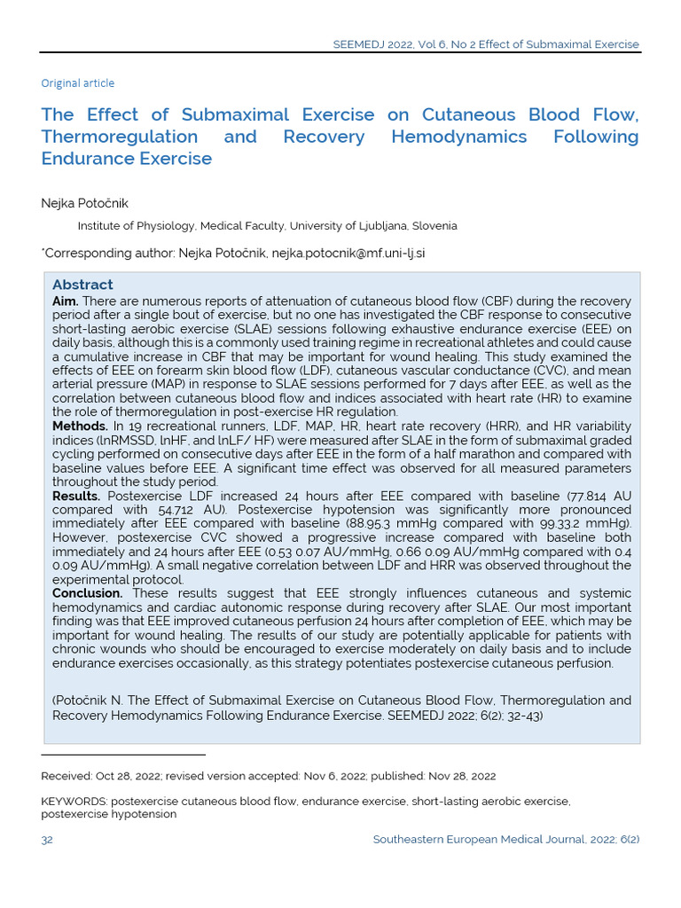 The Effect of Submaximal Exercise On Cutaneous Blood Flow ...
