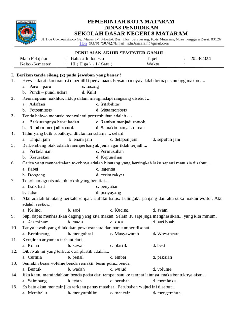 Soal PAS Bhs Indo SMT 1 Kelas 3 | PDF