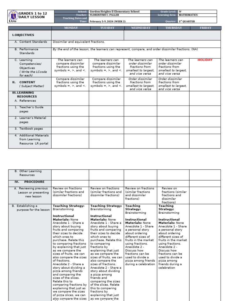 DLL Mathematics-4 Q3 W2-Matatag | PDF