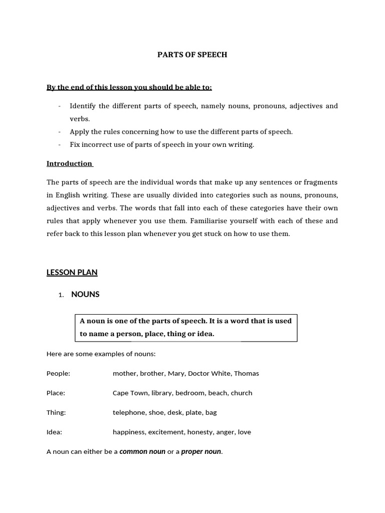 Nouns, Pronouns, Adjectives and Verbs - Student | PDF