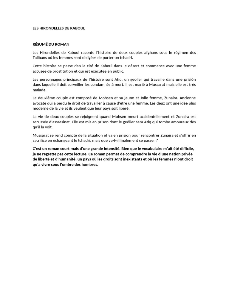 RÉSUMÉ - LES HIRONDELLES DE KABOUL | PDF