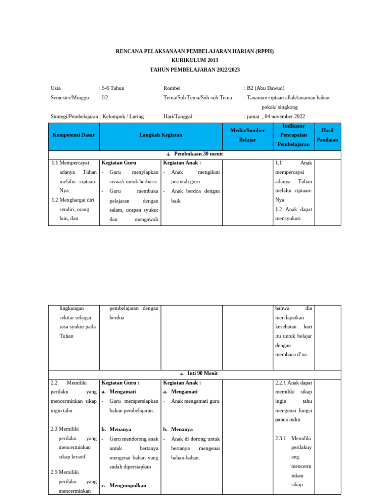 Contoh RPPH PAUD | PDF | Karier & Perkembangan