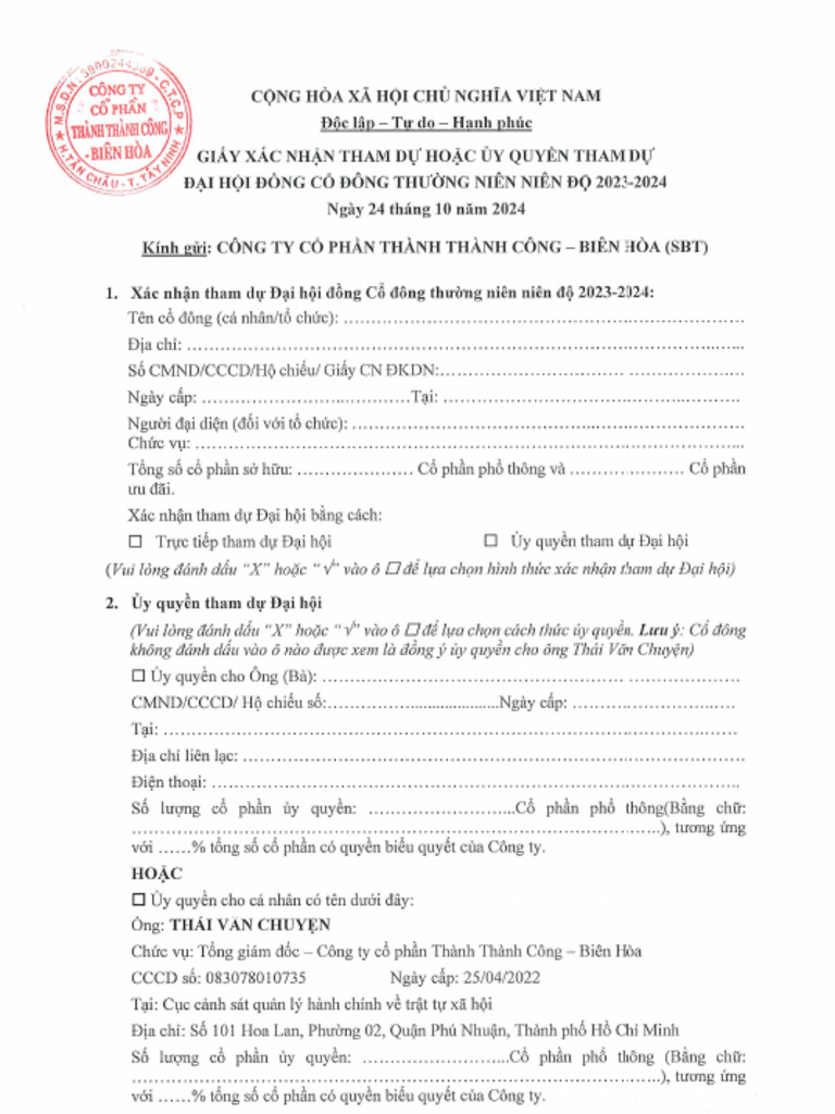 SBT Giay Xac Nhan Tham Du Hoac Uy Quyen Tham Du Dai Hoi 1 | PDF