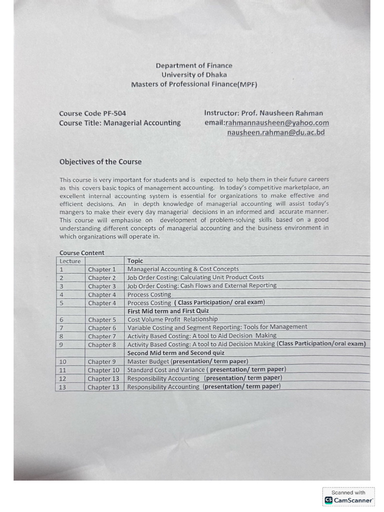 Course Outline of PF-504 (Managerial Acc | PDF