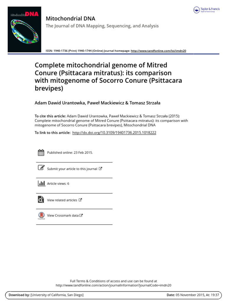 Complete Mitochondrial Genome of Mitred Conure (Psittacara Mitratus ...