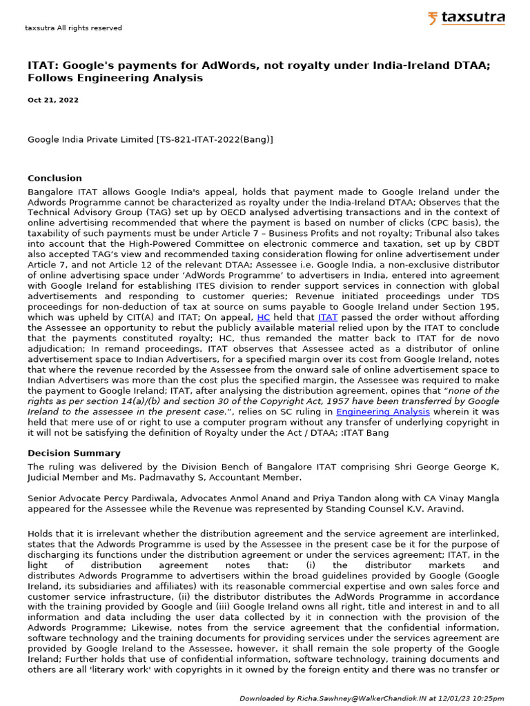 TS 821 ITAT 2022bang Google India Private Limited | PDF