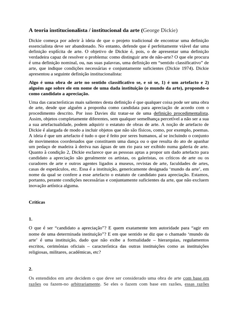 A Teoria Institucionalista - Institucional Da Arte (George Dickie) | PDF