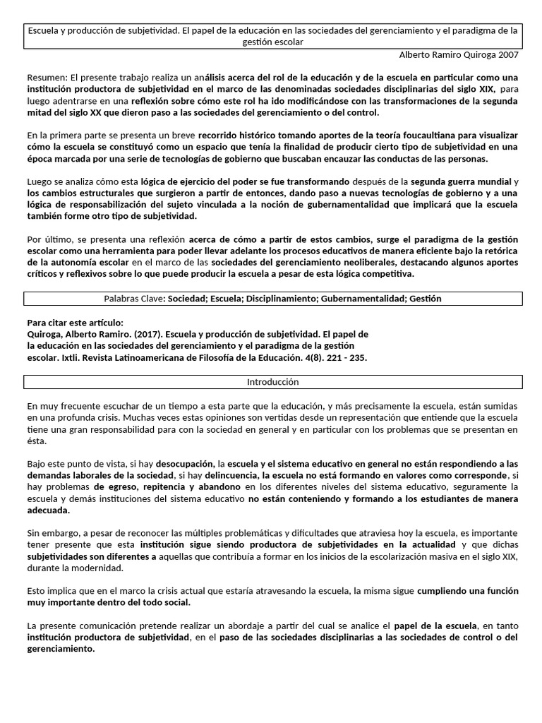 Escuela y Producción de Subjetividad Quiroga 2017 | PDF