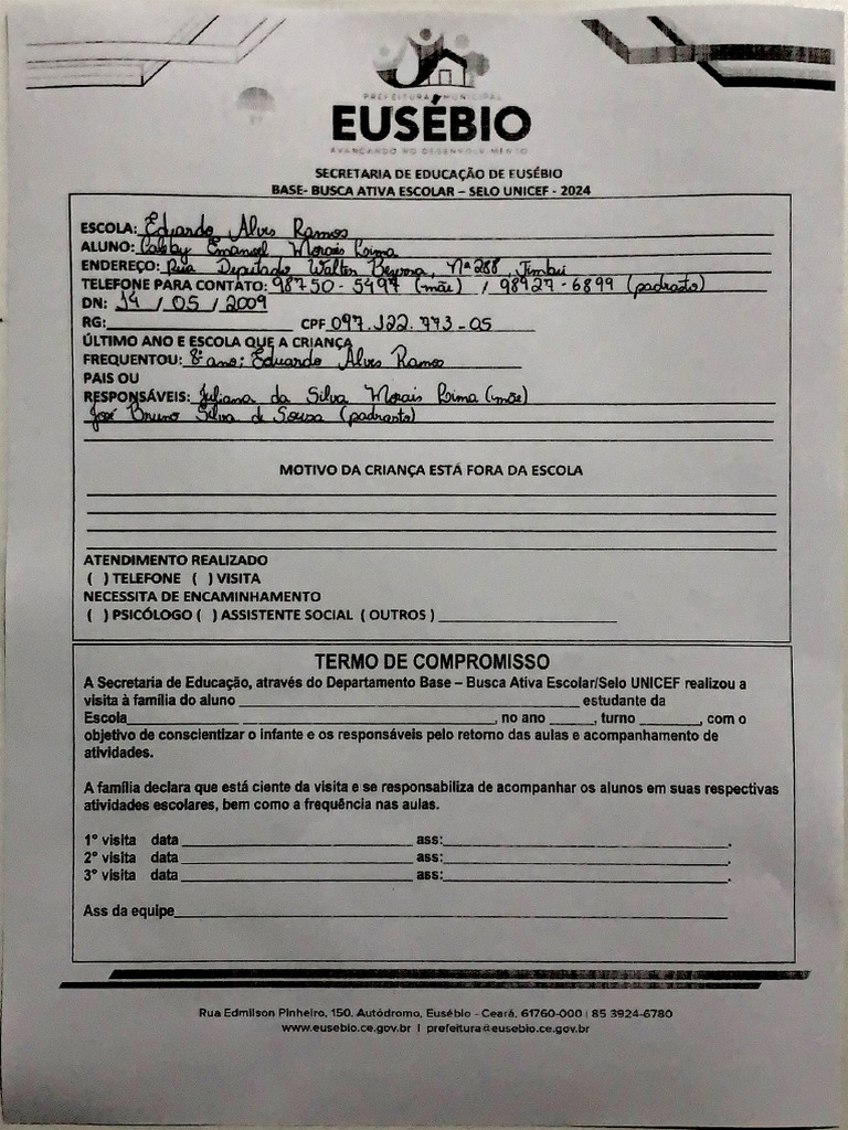 Ficha Busca Ativa Caleby 9°A | PDF