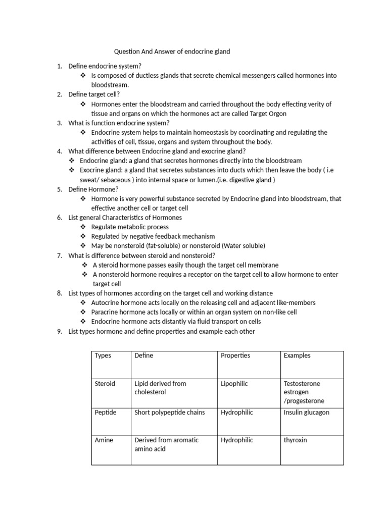 Question And Answer of endocrine gland and nervous system. | PDF