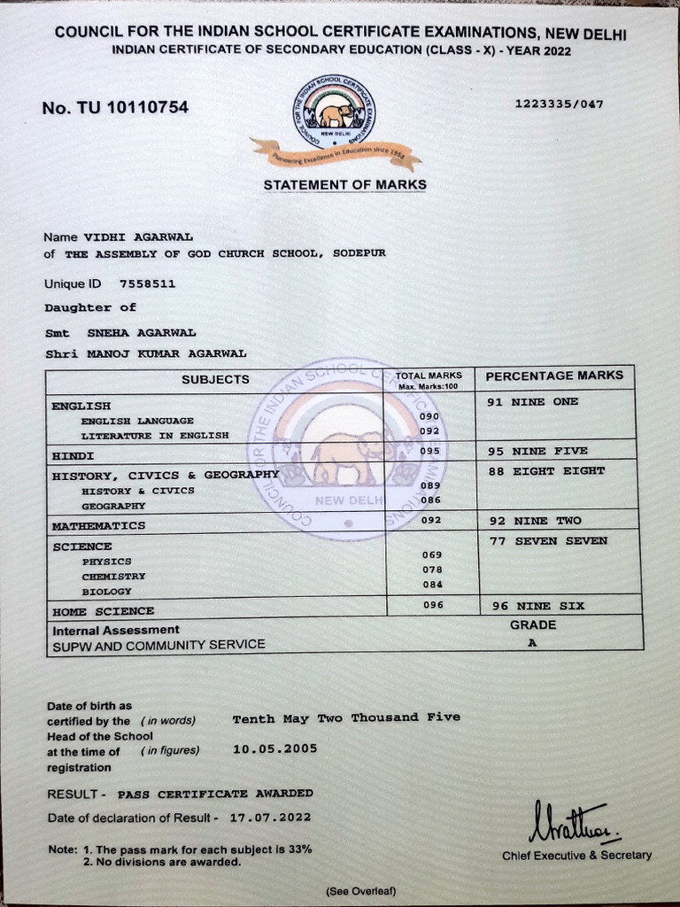 10th ISCE Marksheet | PDF