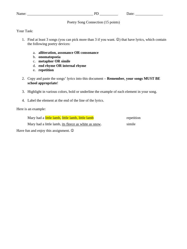 Song - Connection - Assignment (Blank Copy) | PDF | Poetry | General ...